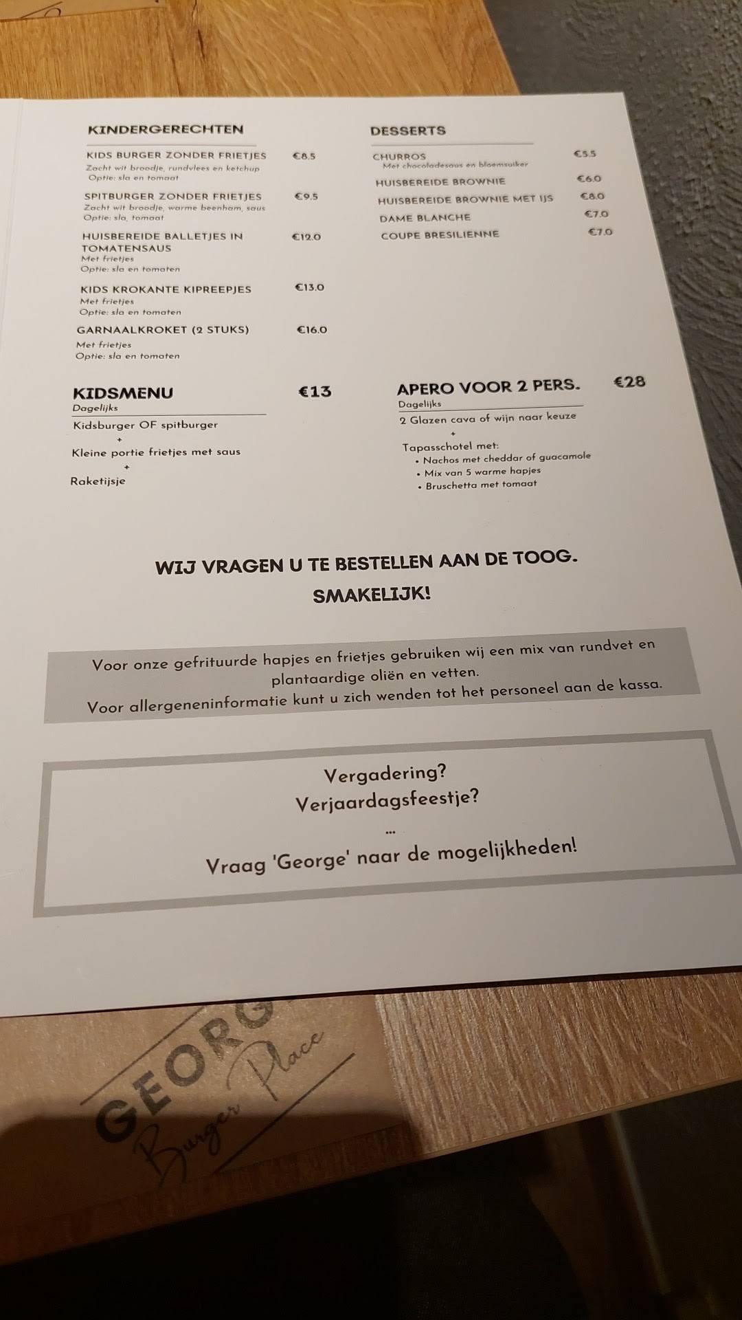 Menu at George Burger Place restaurant, Gavere