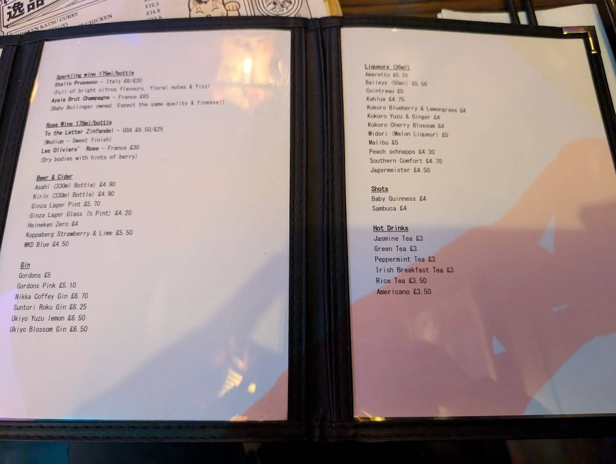 Menu at Ginza Kitchen restaurant, Belfast