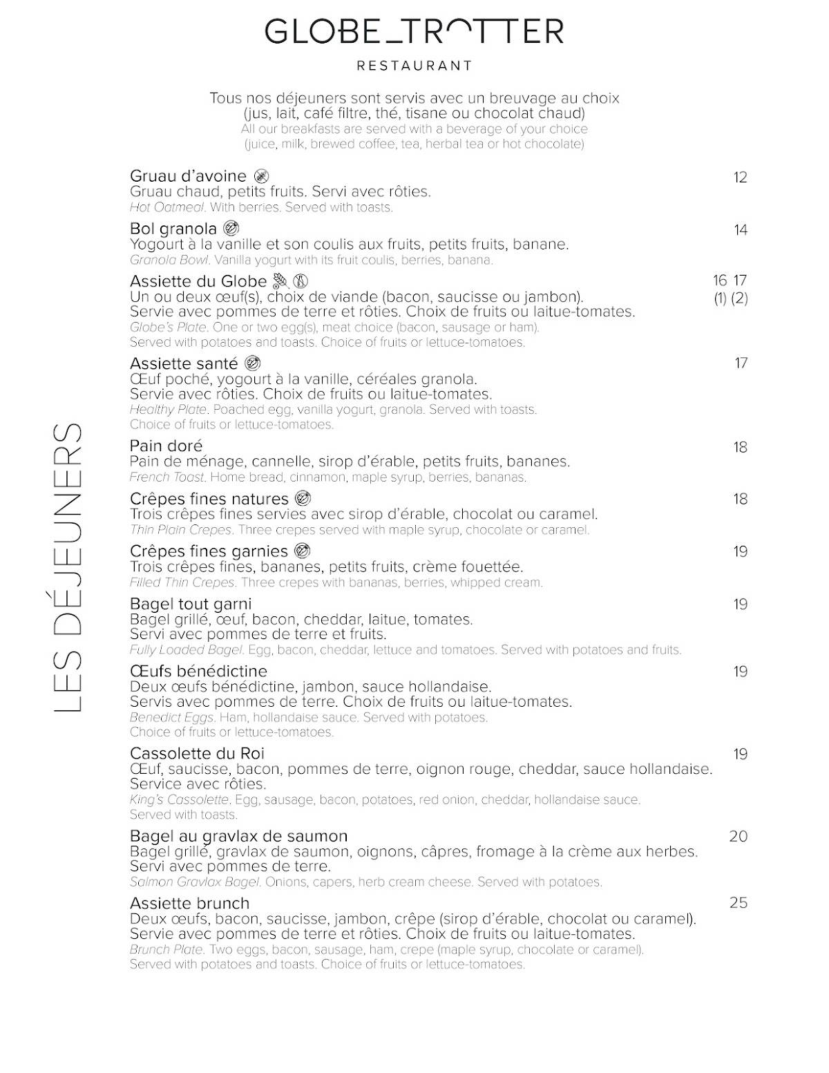 Menu au Restaurant Globe-Trotter Drummondville, Drummondville