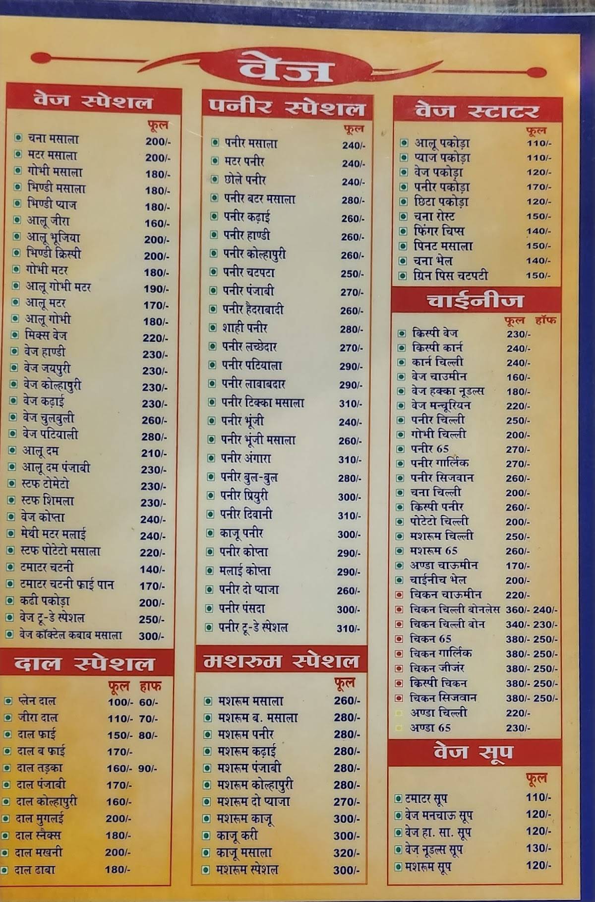 Menu at Glory Pariwar Dhaba, India