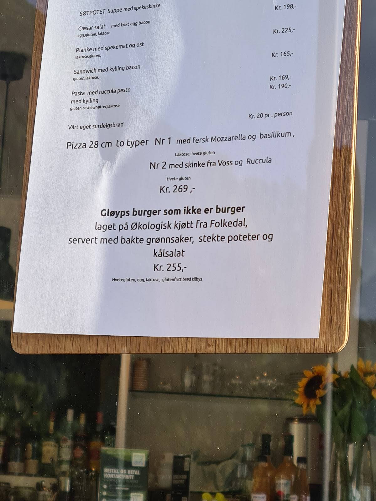 Menu at Gløyp Spiseri restaurant, Kinsarvik