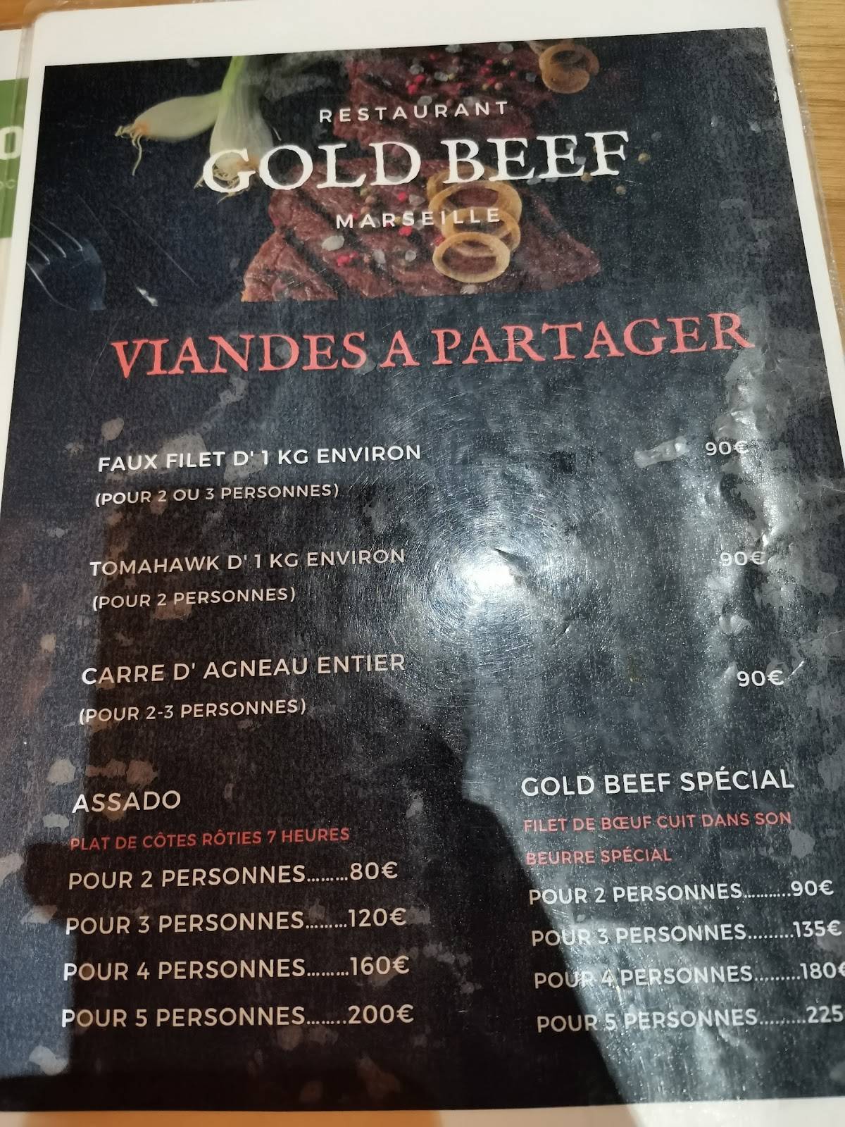Menu au Gold Beef restaurant, Marseille