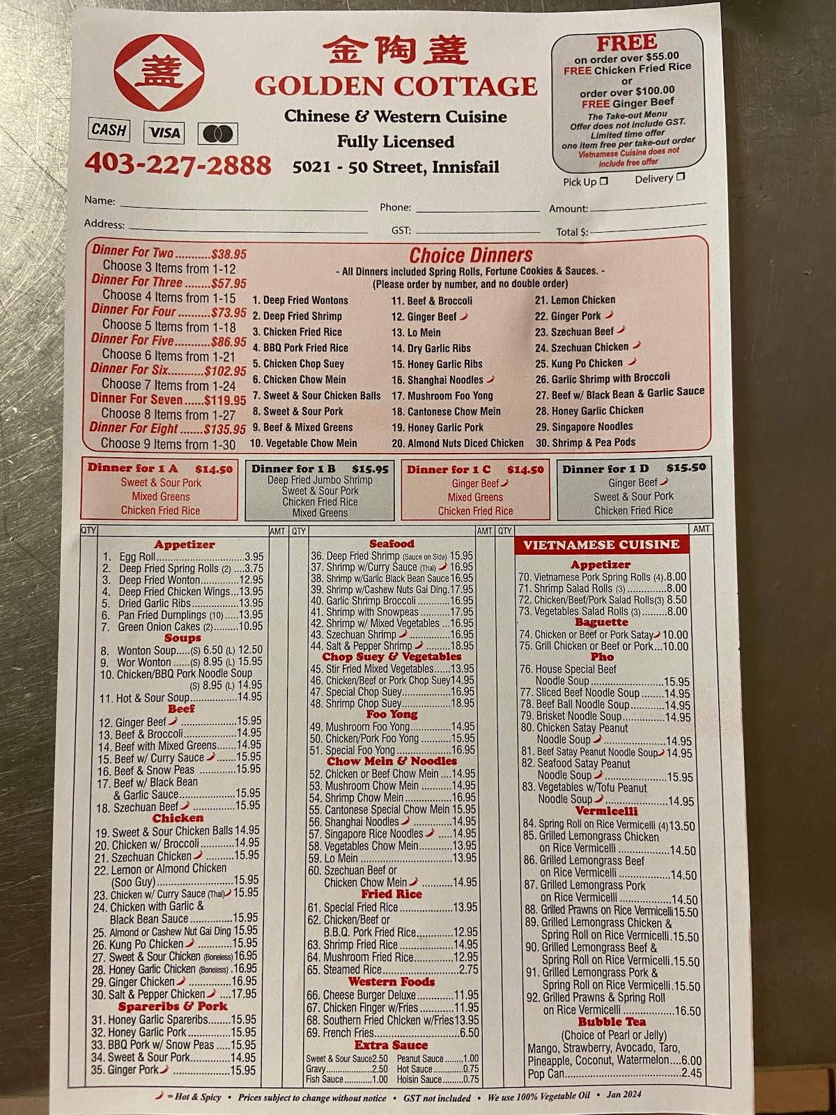 Menu at Golden Cottage restaurant, Innisfail