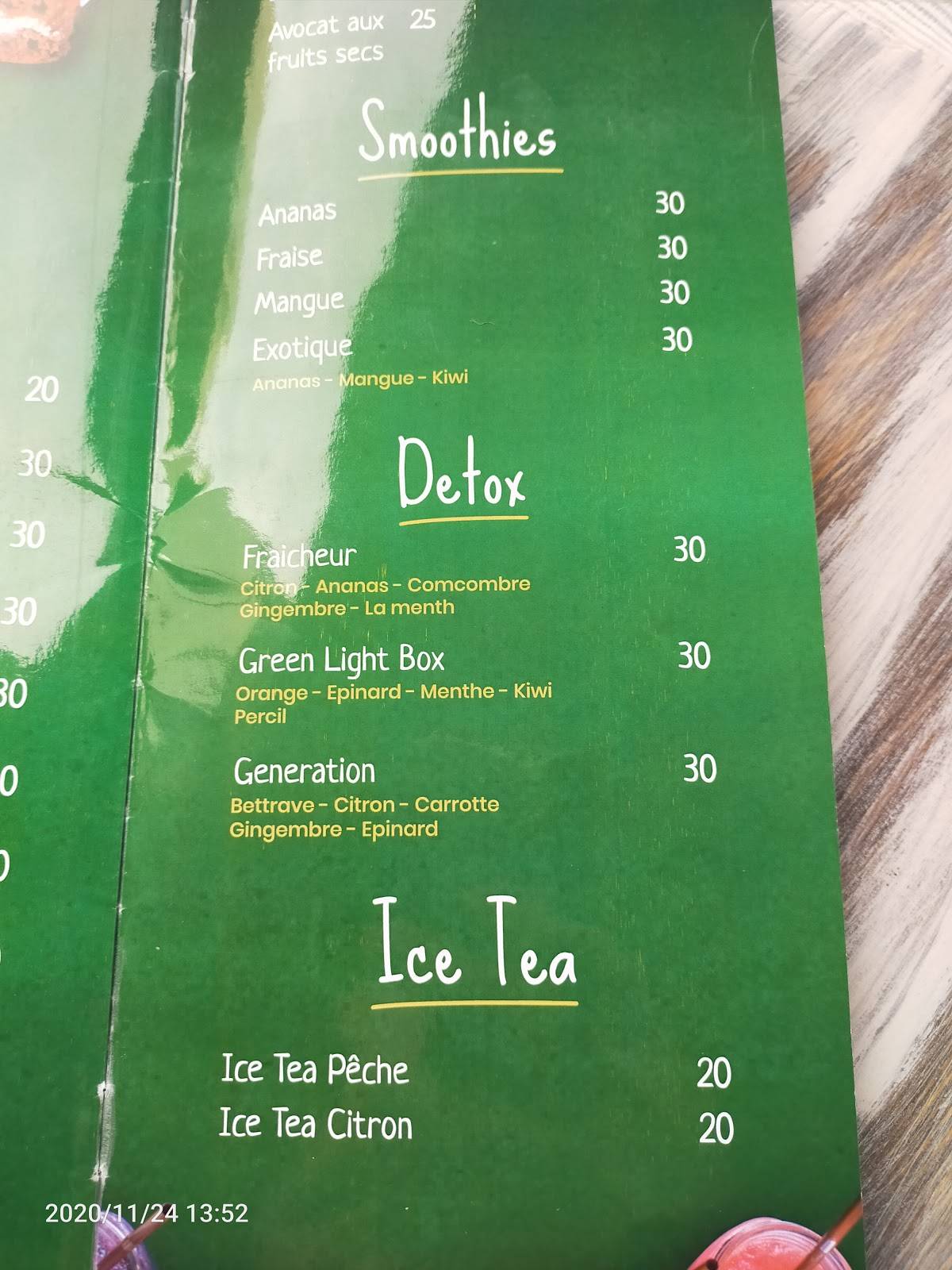 Menu at Green Light Box restaurant, Agadir