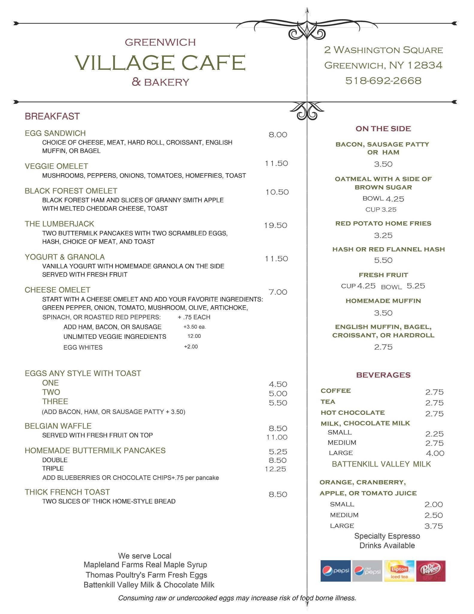 Menu at Witches Village Cafe, Greenwich