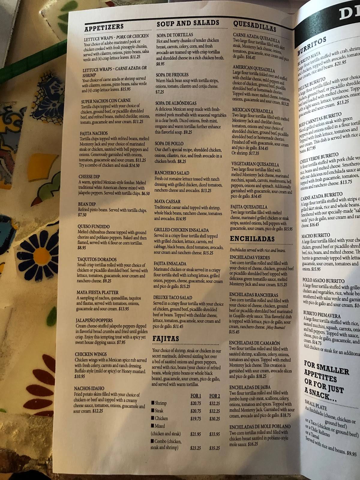 Menu at Guerrero Maya restaurant, South Portland