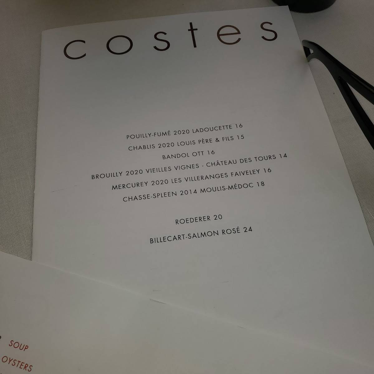 Menu at Hôtel Costes Restaurant, Paris