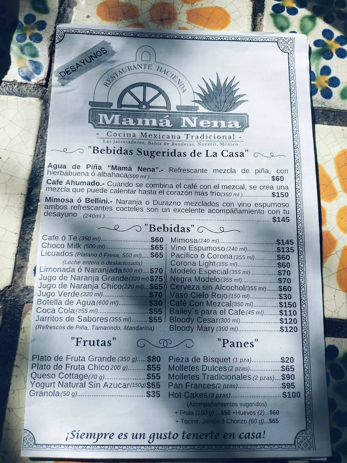 Menu at Hacienda Mamá Nena restaurant, Jarretaderas