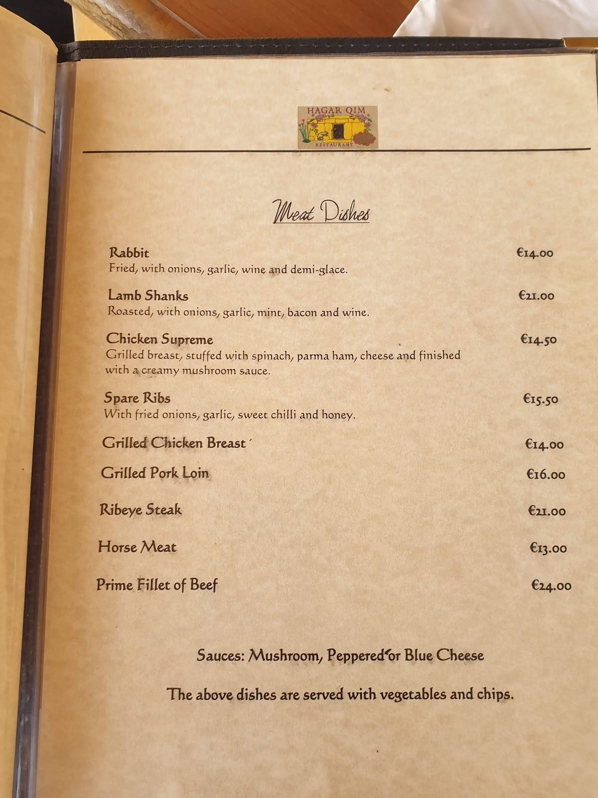 Menu at Hagar Qim Restaurant, Qrendi