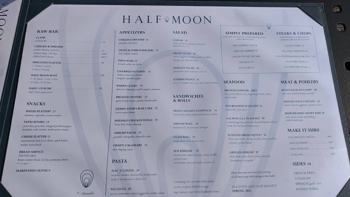 Menu at Half Moon restaurant, Dobbs Ferry