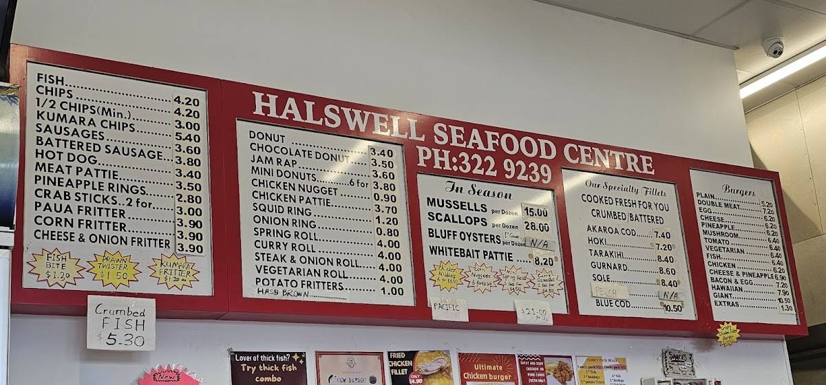 Menu at Halswell Seafood Centre restaurant, Christchurch