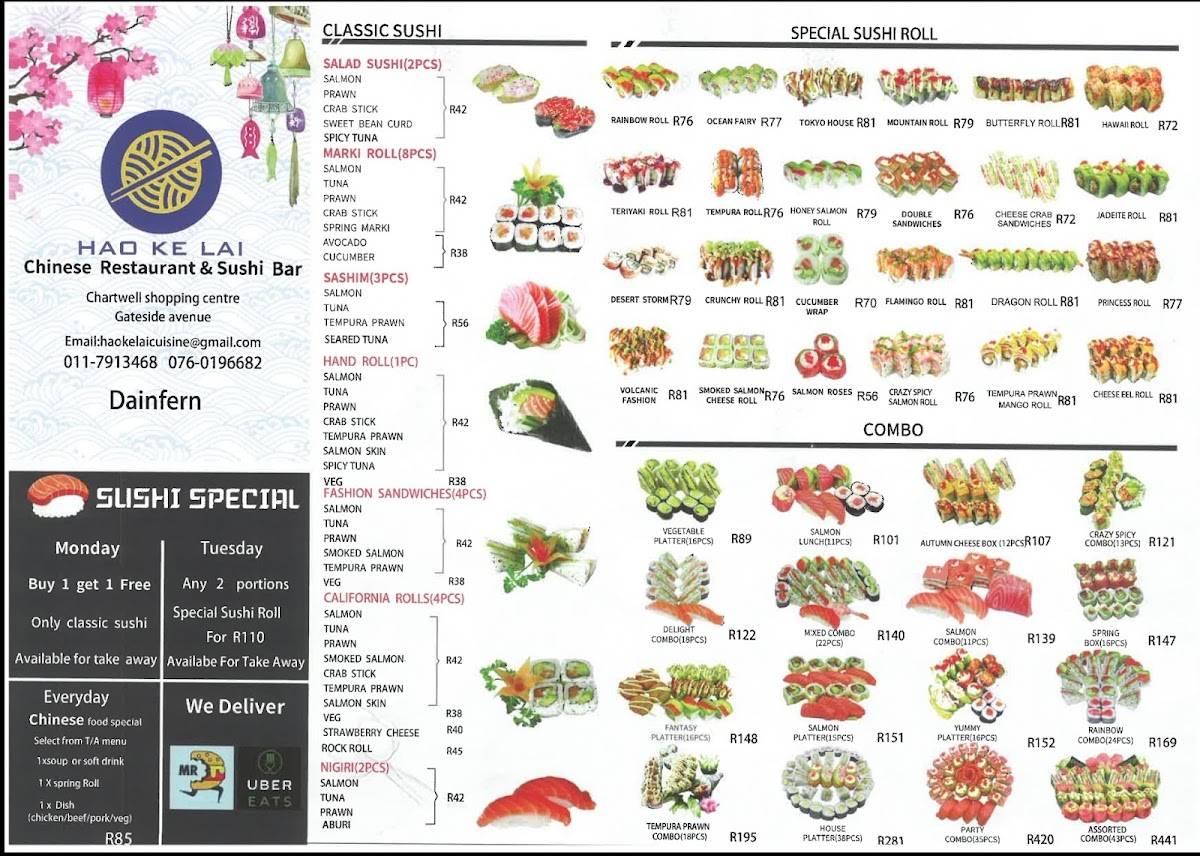 Menu at Hao li Lai Chartwell shopping centre restaurant, Midrand
