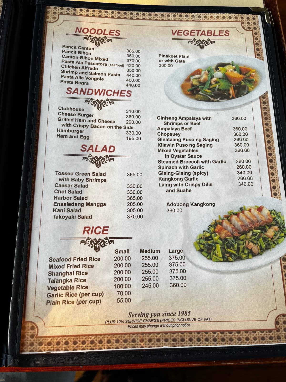 Menu at Harbor View Restaurant, Manila, South Dr
