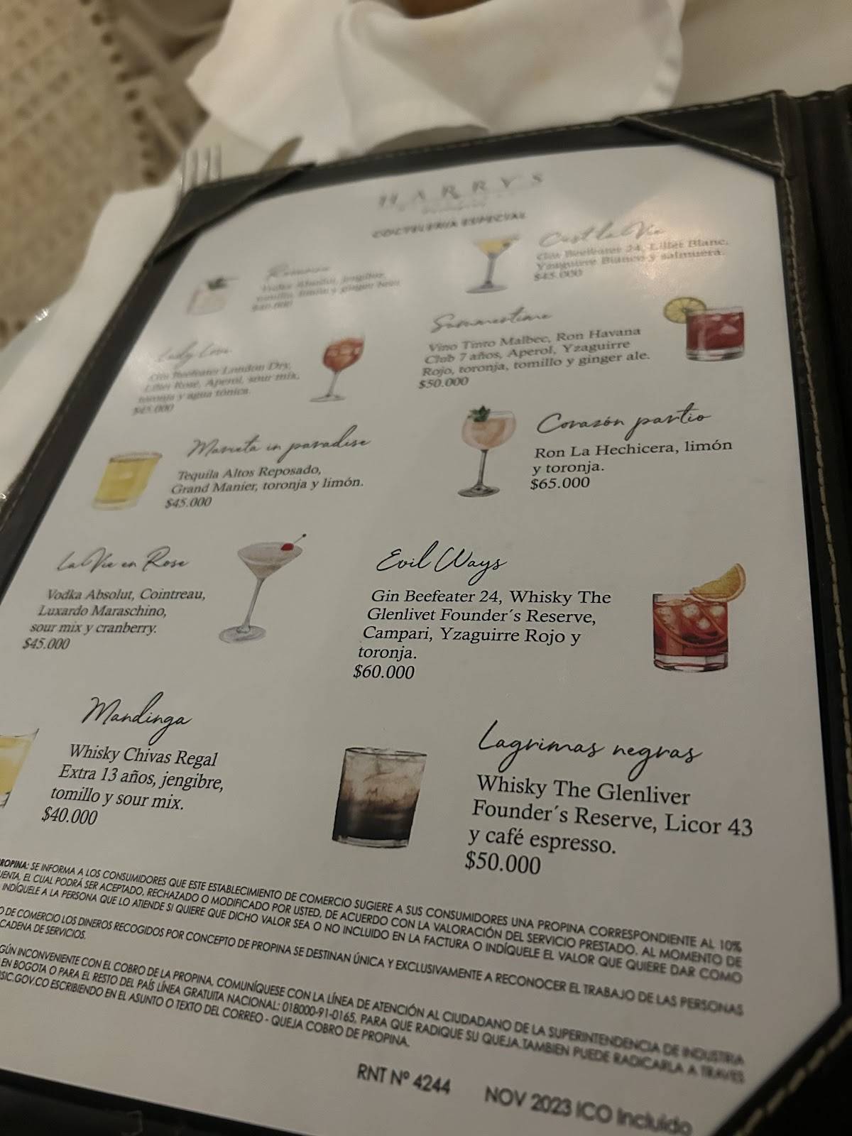 Menu at Harry's Sasson Restaurant, Cartagena