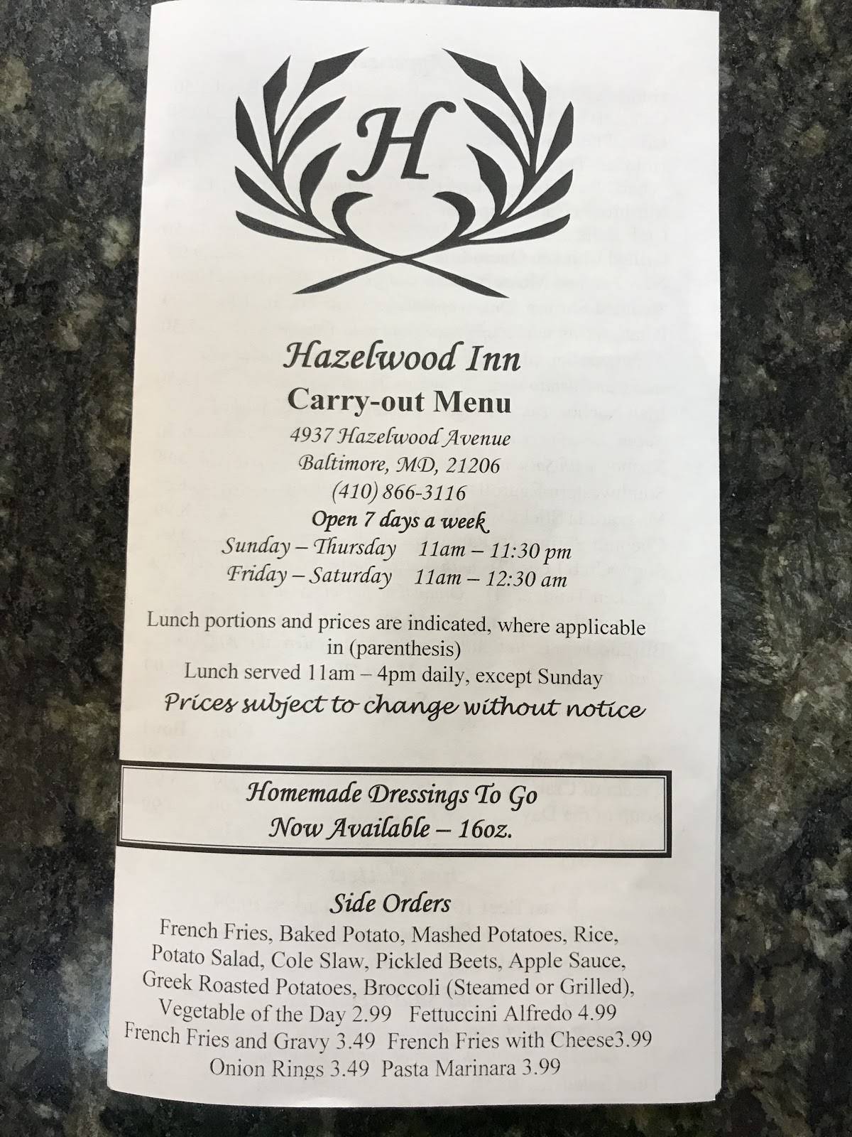 Menu at Hazelwood Inn restaurant, Baltimore
