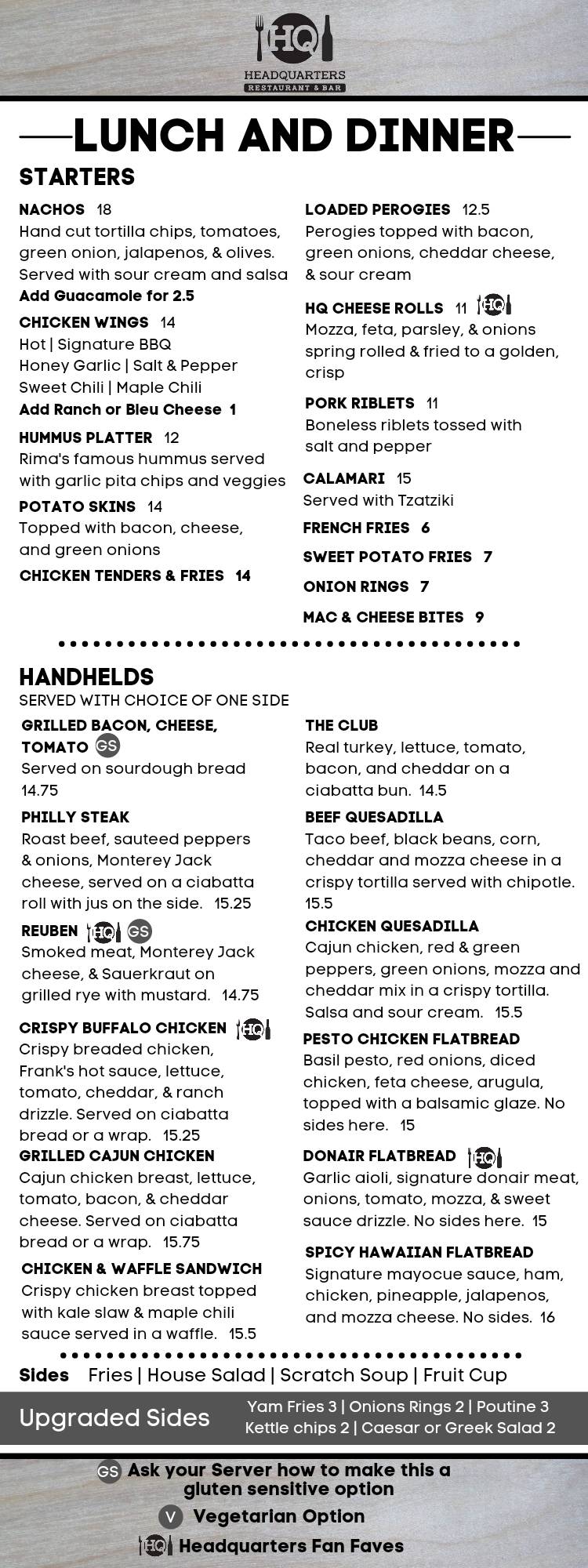 Menu at Headquarters Restaurant and Bar, Sherwood Park
