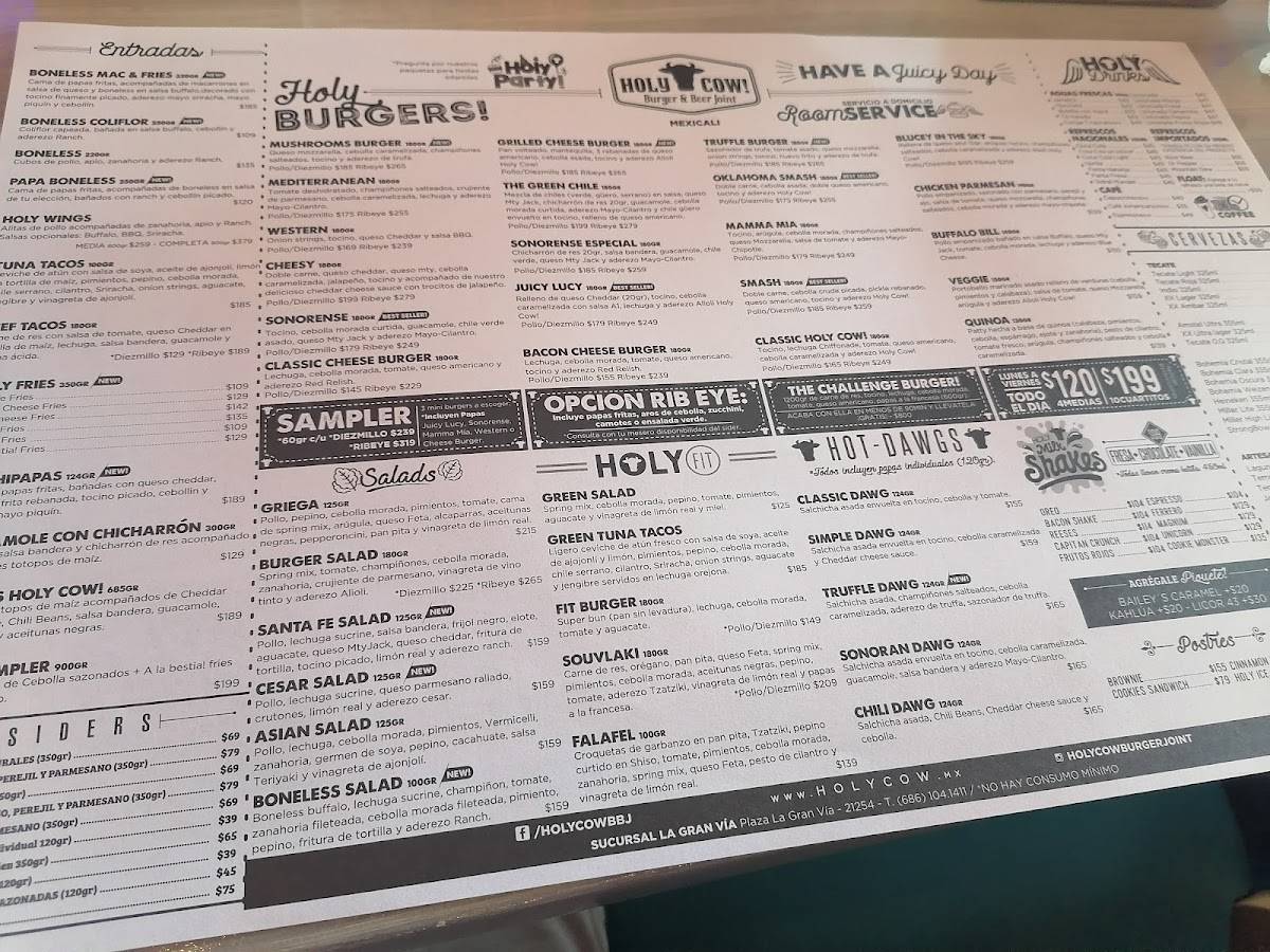 Carta del restaurante Holy Cow! Burger & Beer Joint - La Gran Vía, Mexicali