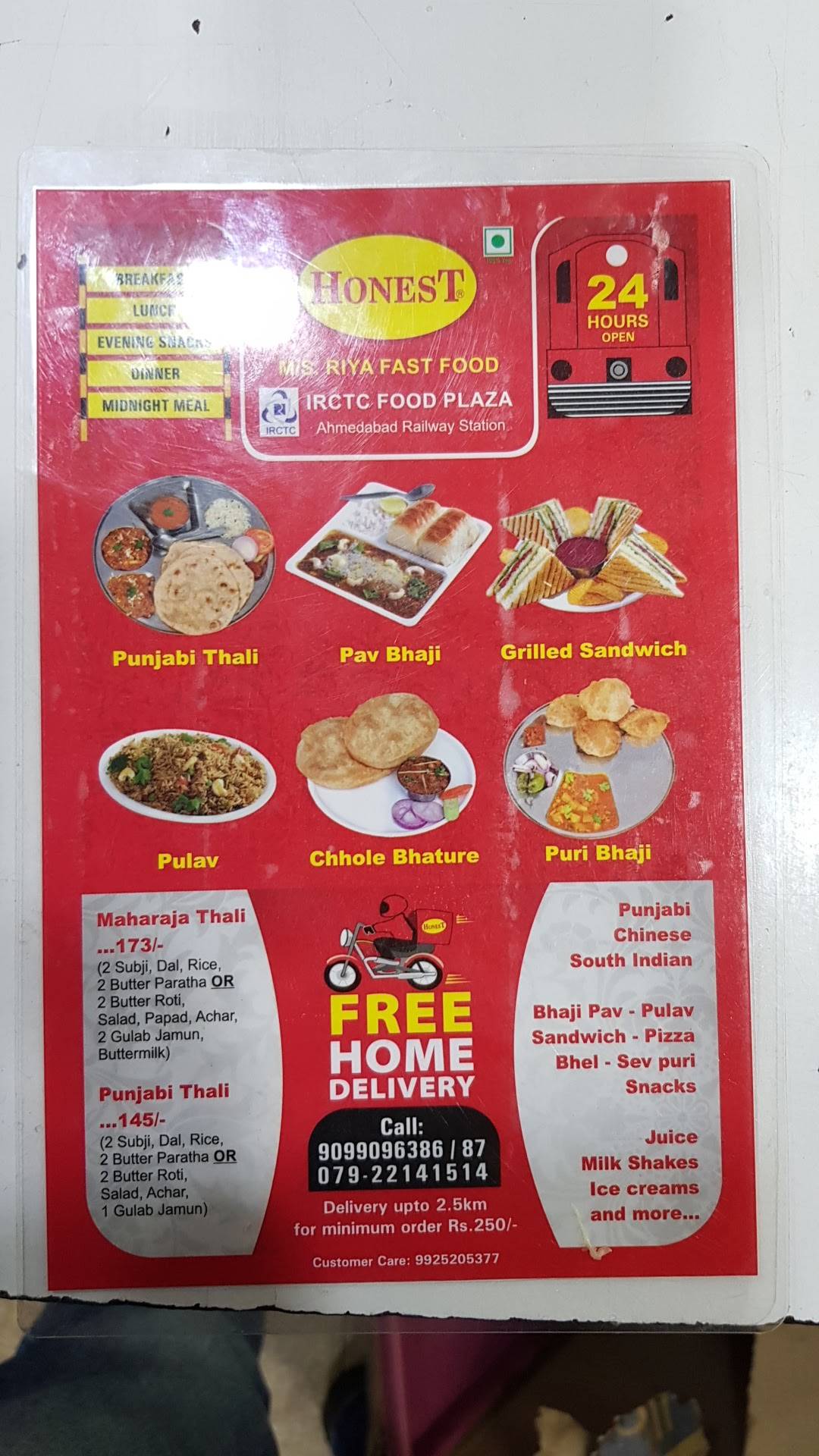 Menu at Honest Restaurant, Ahmedabad, Railway Station