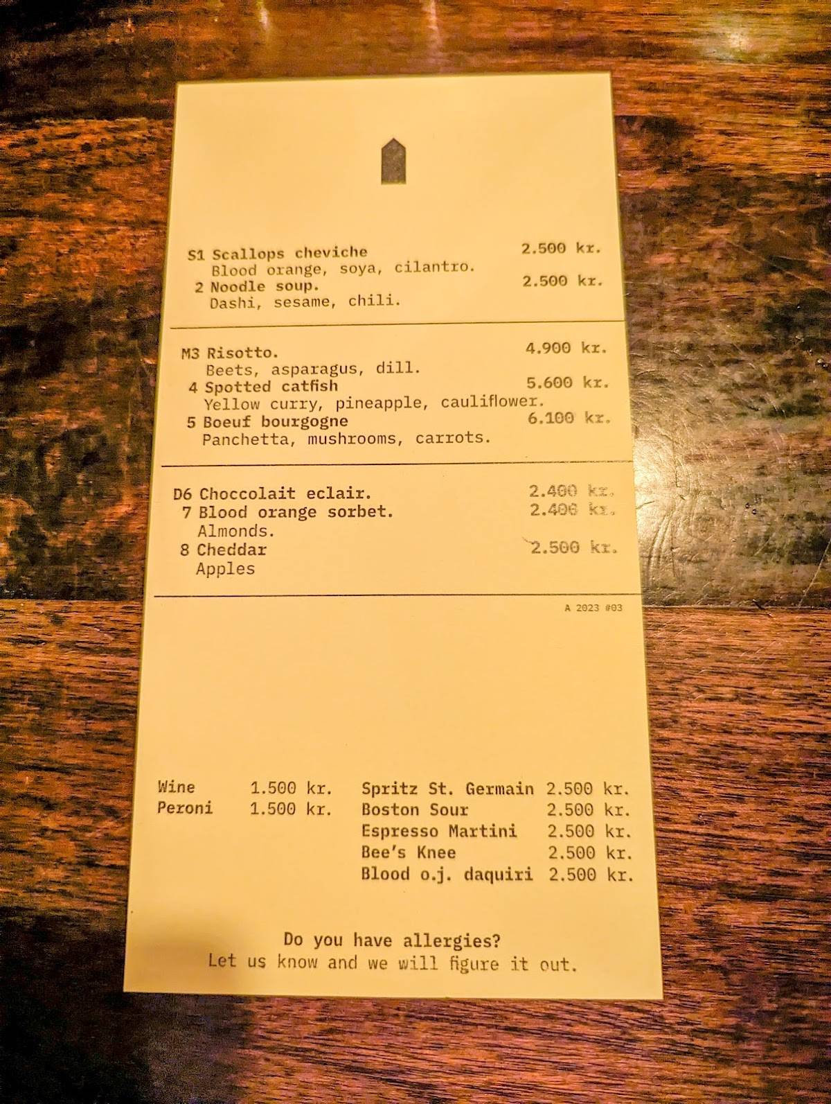 Menu at Hosiló restaurant, Reykjavík