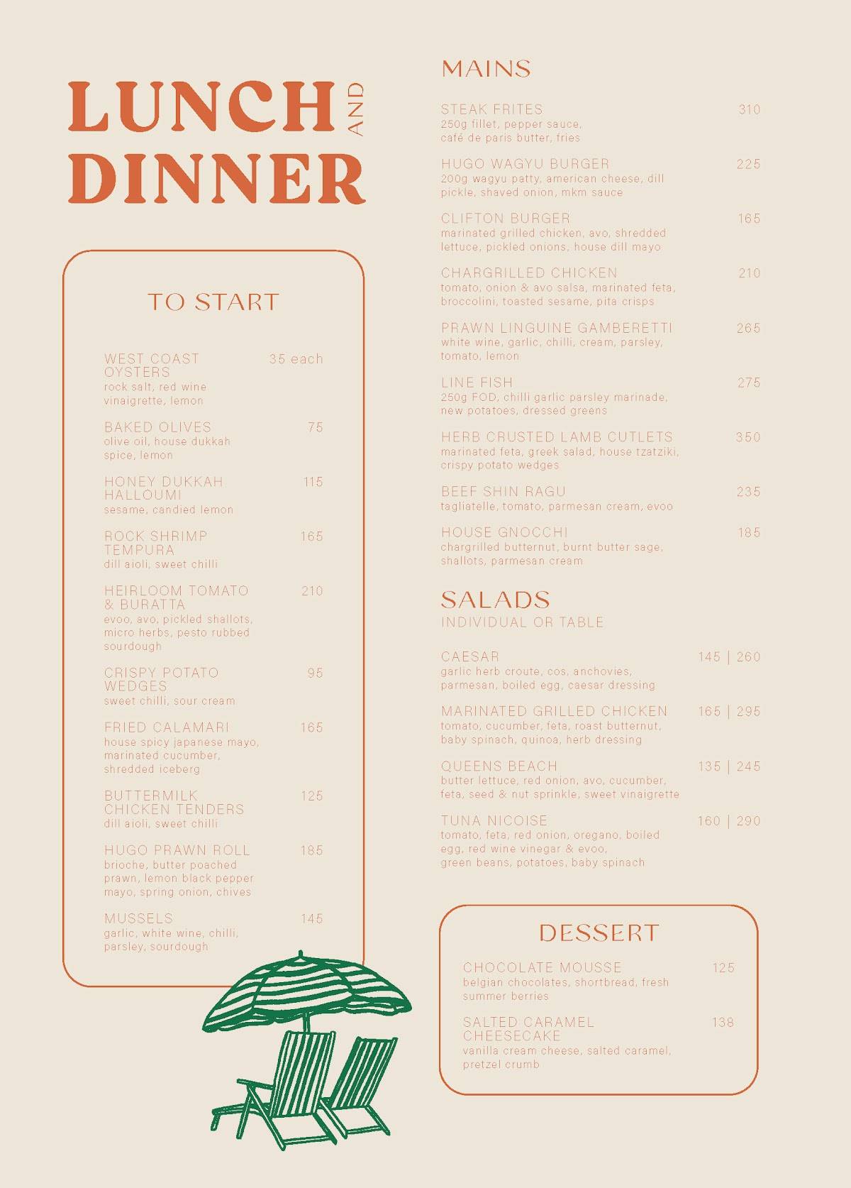 Menu at Hugo Social Club, South Africa
