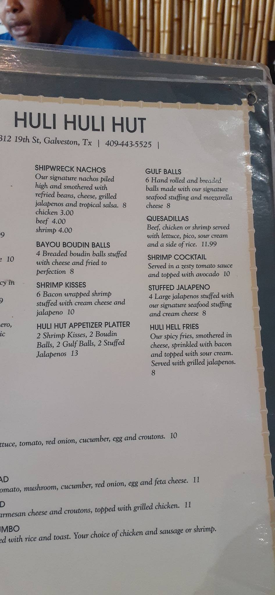 Menu at Huli Huli Hut restaurant, Galveston