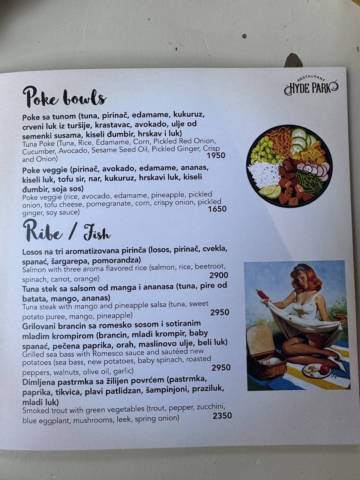 Menu at Restaurant Hyde Park, Belgrade