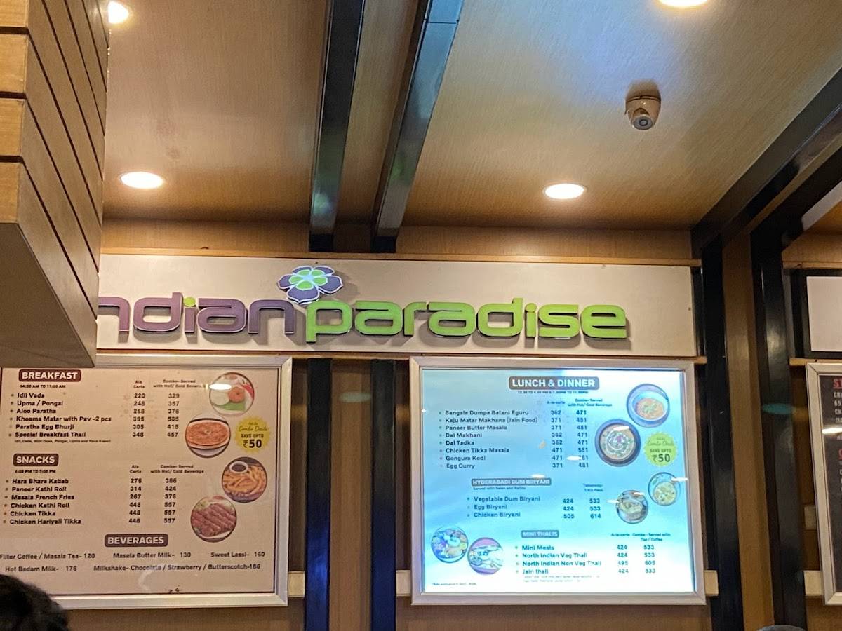 Menu at Indian Paradise, Hyderabad, Rajiv Gandhi International Airport