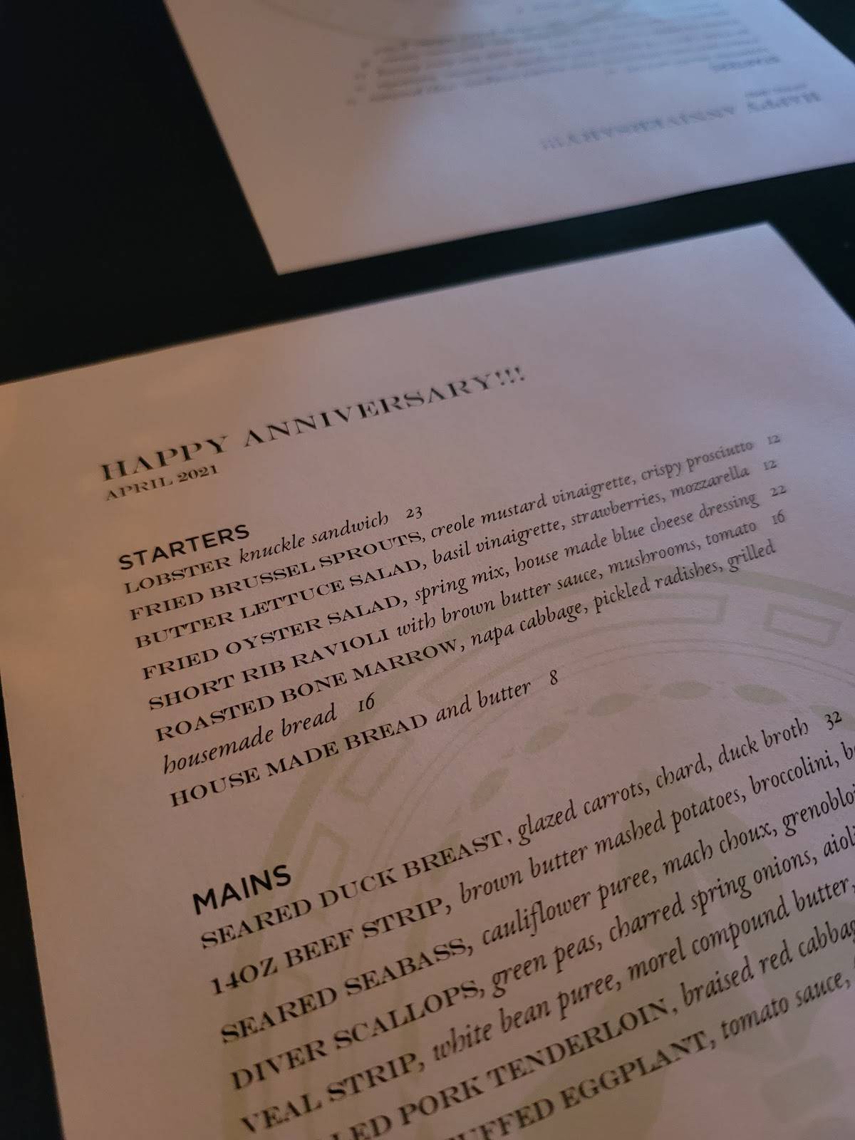 Menu at Iris restaurant, Memphis