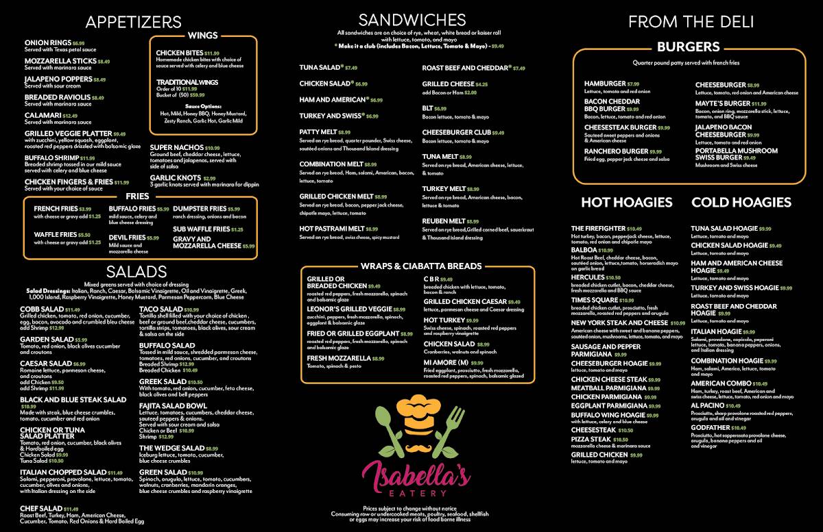 Menu at Isabella's Eatery restaurant, Mount Cobb