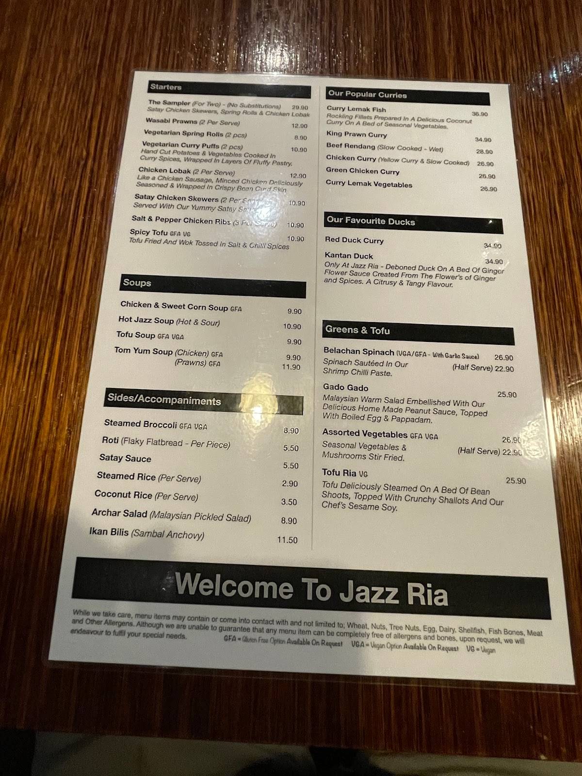 Menu at Jazz Ria Malaysian Restaurant, Balwyn