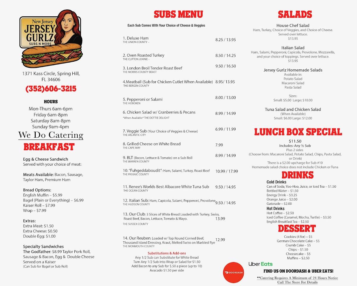 Menu at Jersey Gurlz Subs N More restaurant, Spring Hill