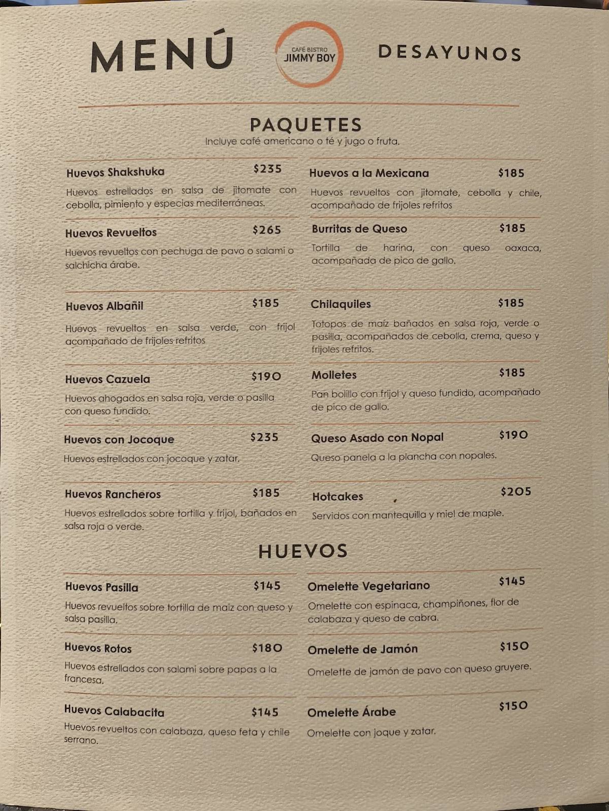 Carta de Jimmy Boy Café Bistro Parques Plaza, Ciudad de México