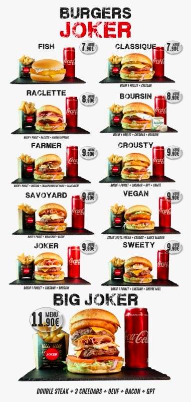 Menu at Joker burger tacos restaurant, Marseille