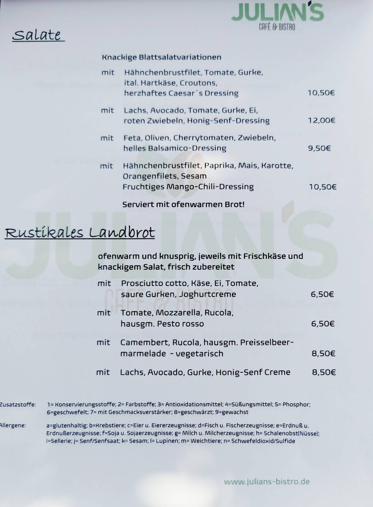 Carta de Julian´s Bistro, Willich