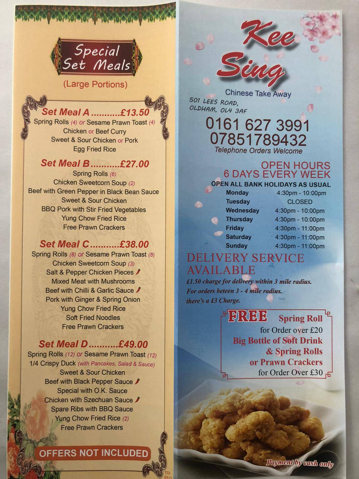 Menu at KEE SING Chippy restaurant, Oldham