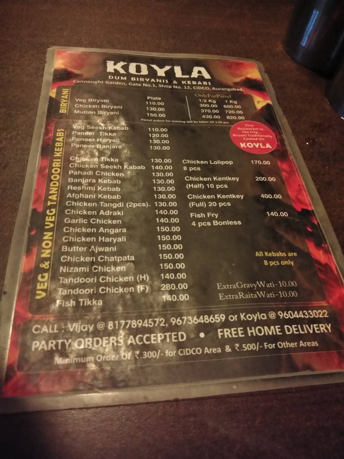Menu at KOYLA - Dum Biryanis, Kebabs & Curries, Aurangabad, Mini Shop ...