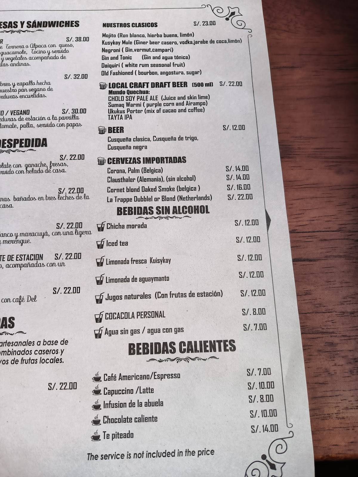 Menu at KUSYKAY Peruvian Craft Food restaurant, Cusco