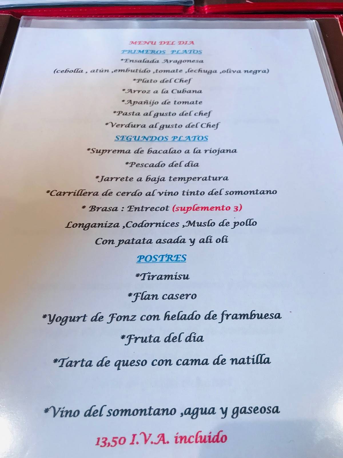 Carta de Kafka Cafetería, Barbastro