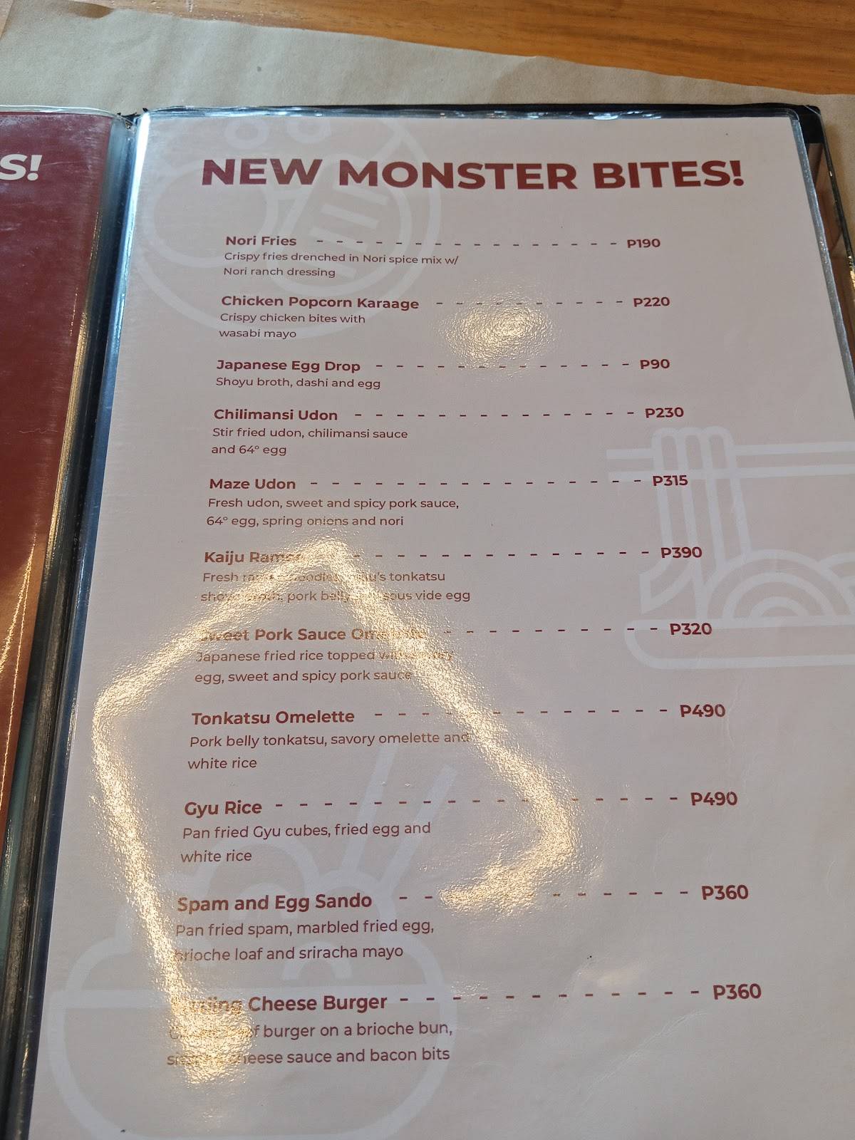 Menu at Kaiju Cafe, Lipa