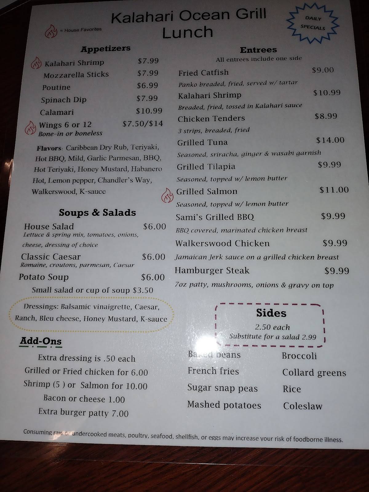 Menu at Kalahari Ocean Grill restaurant, Greer, SC-101