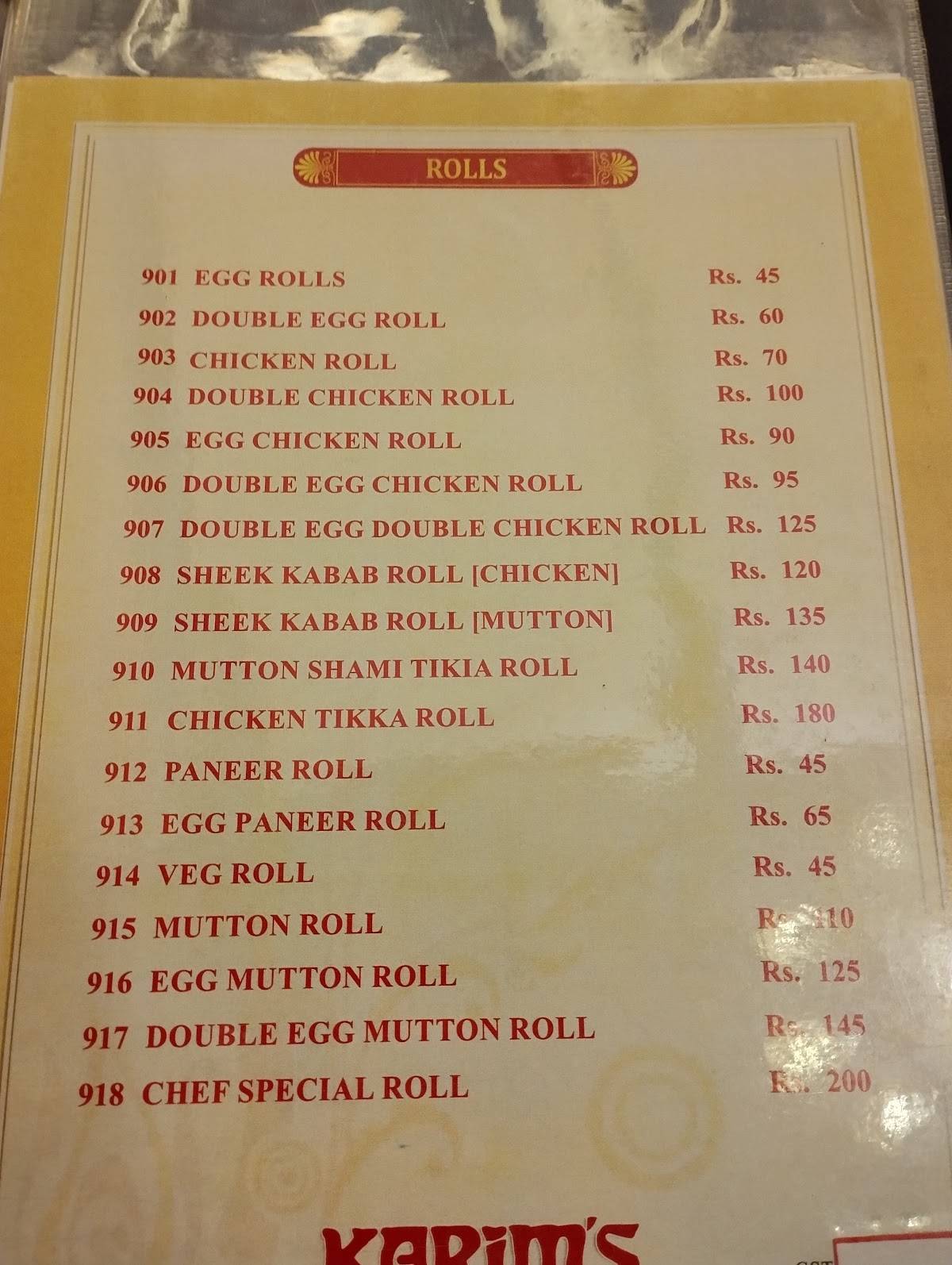 Menu at Karim's (Original from Jama Masjid Delhi 6) - Barasat, Kolkata