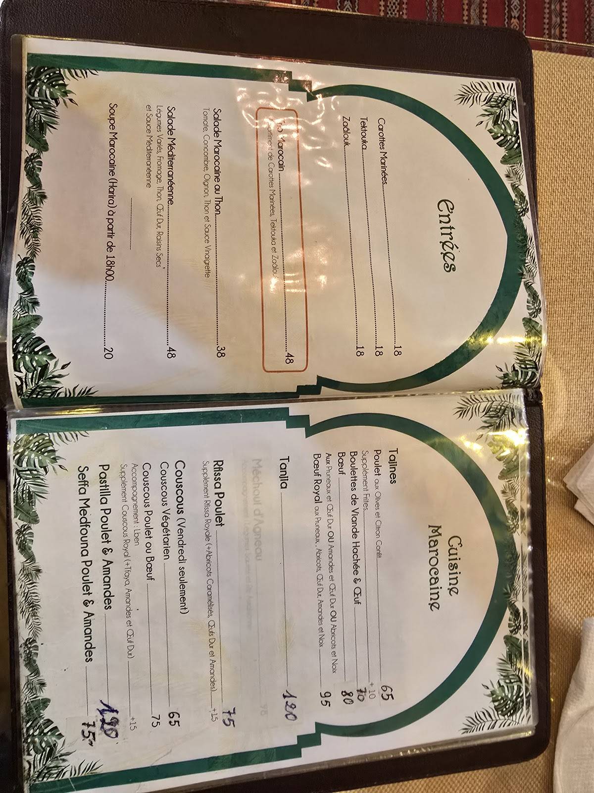 Menu au Kasr al Assil restaurant, Rabat