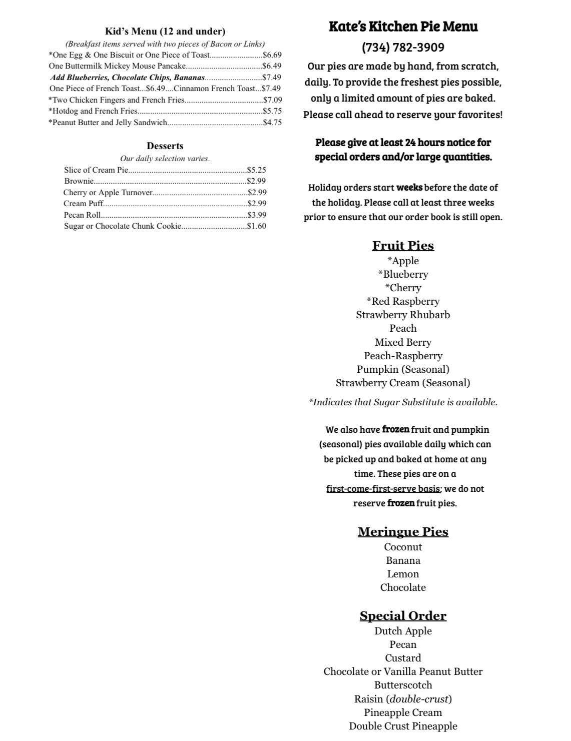 Menu at Kate's Kitchen restaurant, Flat Rock
