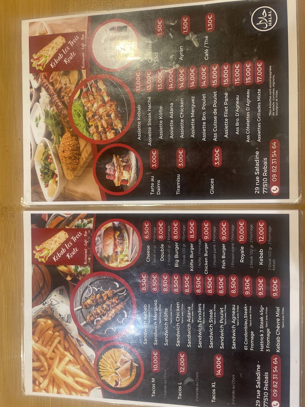 Menu au Restaurant Kebab Le Bar Des Trois Routes, Rebais