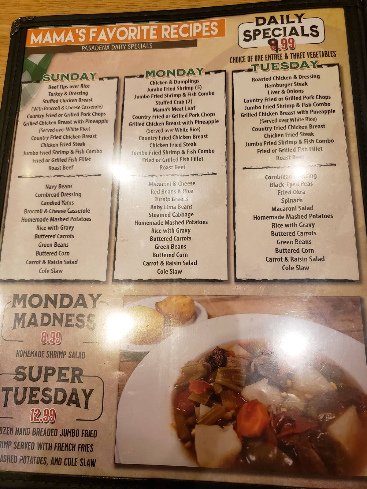 Menu at Kelley's Country Cookin' restaurant, Pasadena, Spencer Hwy