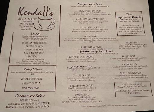 Menu at Kendall's restaurant, Noble