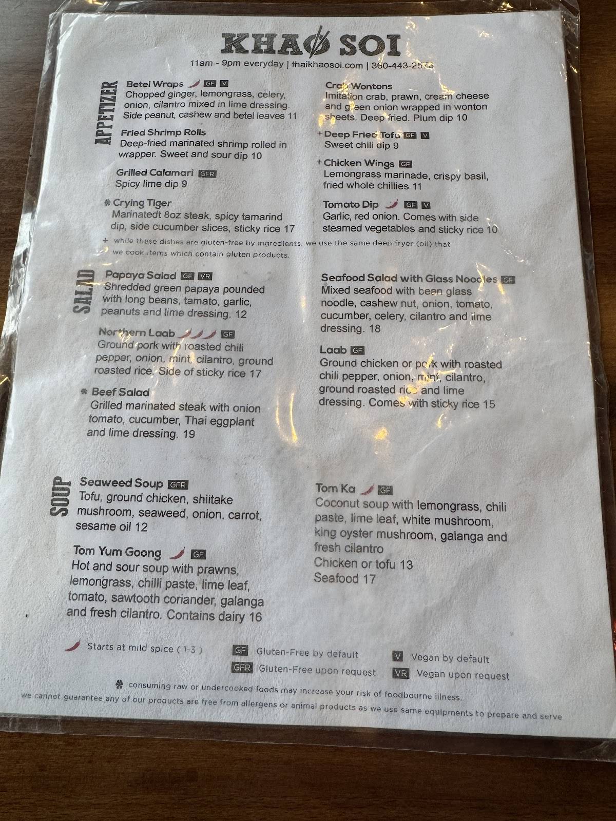 Menu at Khao Soi restaurant, Port Orchard
