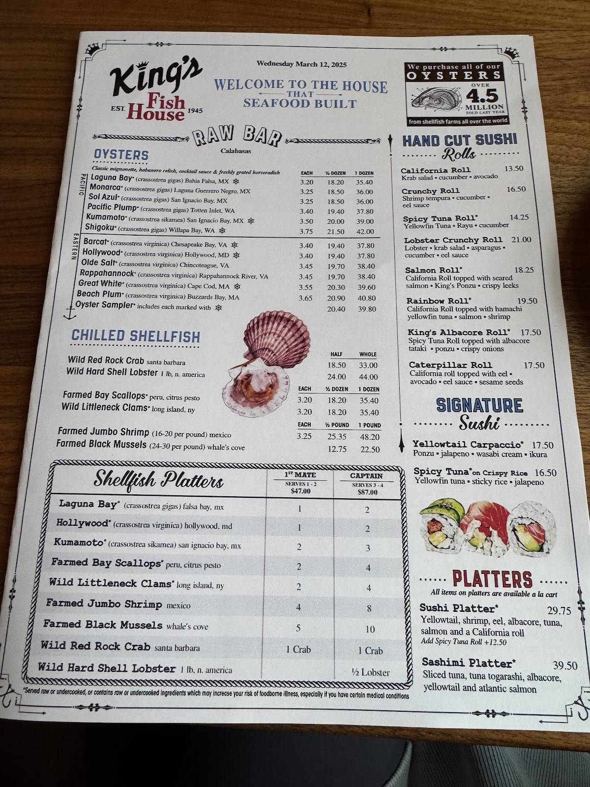 Menu at King's Fish House restaurant, Calabasas