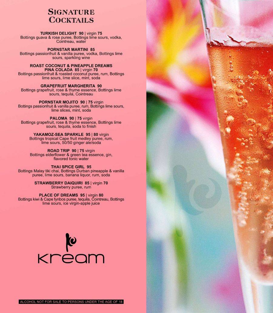 Menu at Kream Restaurant Mall of Africa, Midrand
