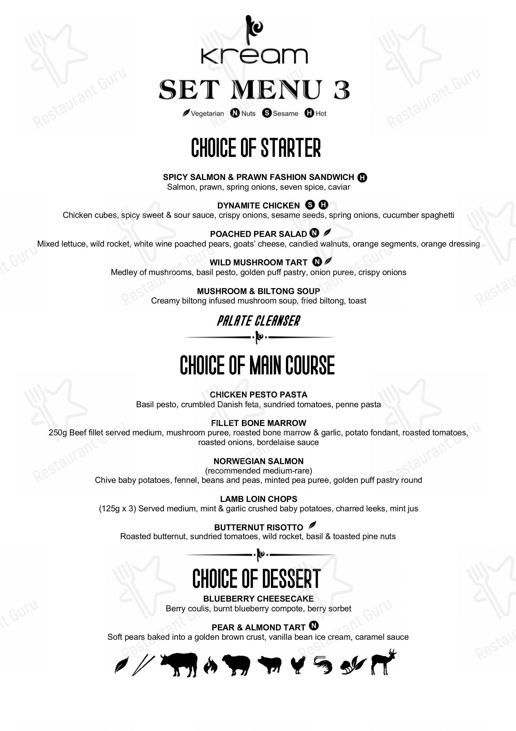 Menu at Kream Restaurant Mall of Africa, Midrand